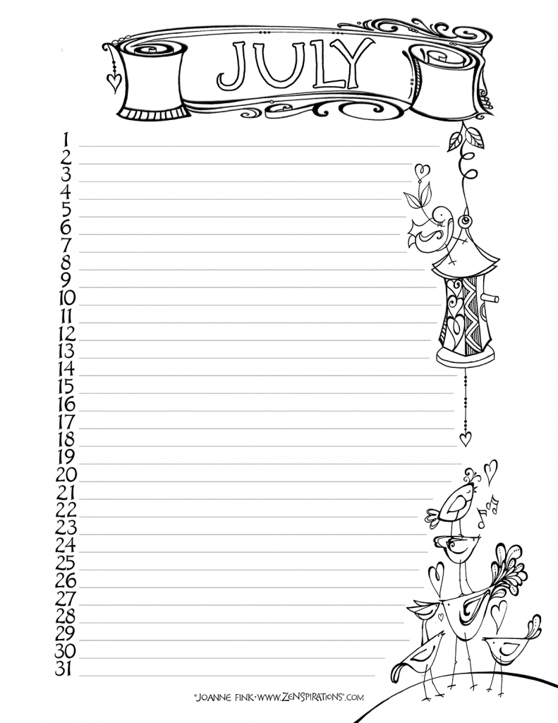 July Calendar Page Download - Zenspirations